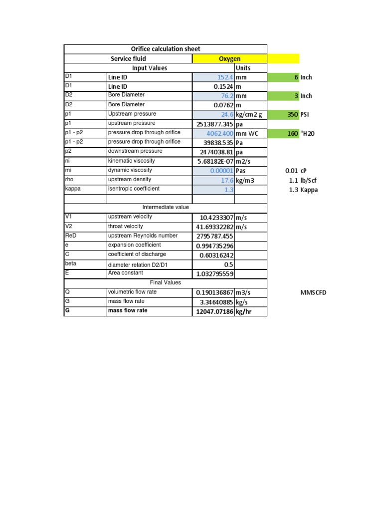 Orifice Calculation Sheet Service Fluid Oxygen: G Mass Flow Rate | PDF