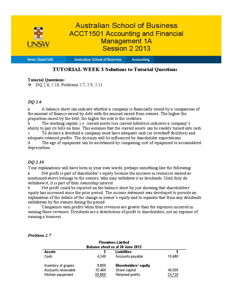 Acct1501 Tutorial Questions Solutions Week3 | PDF | Balance Sheet | Equity (Finance)