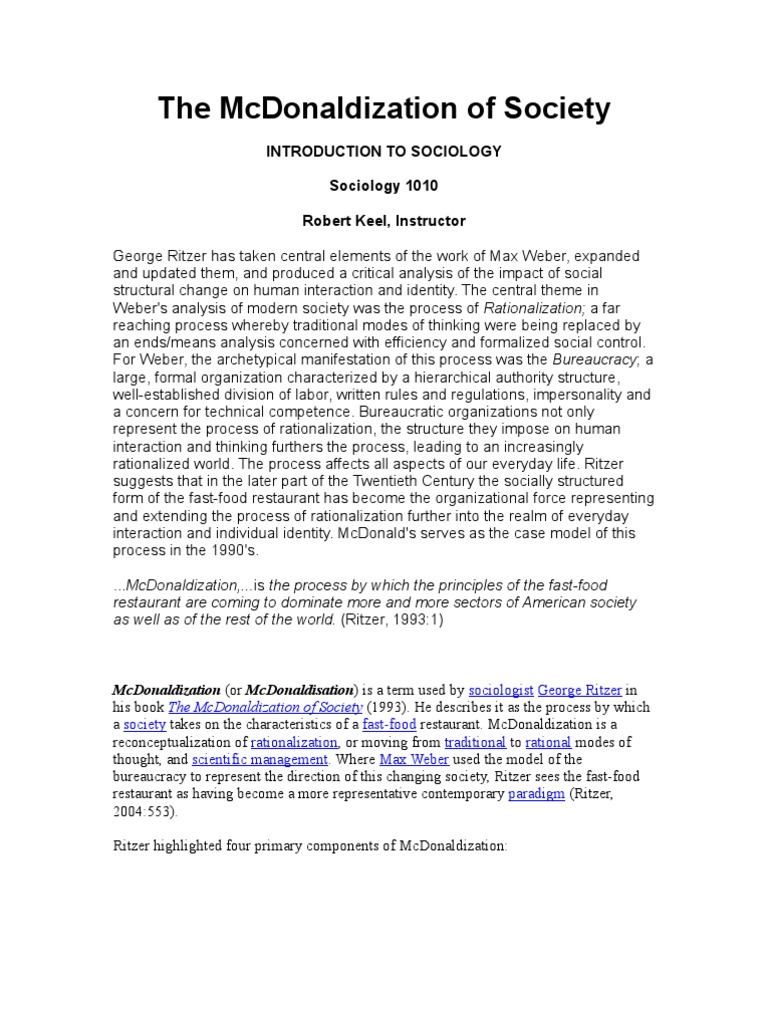 The McDonaldization of Society | PDF | Max Weber | Behavioural Sciences