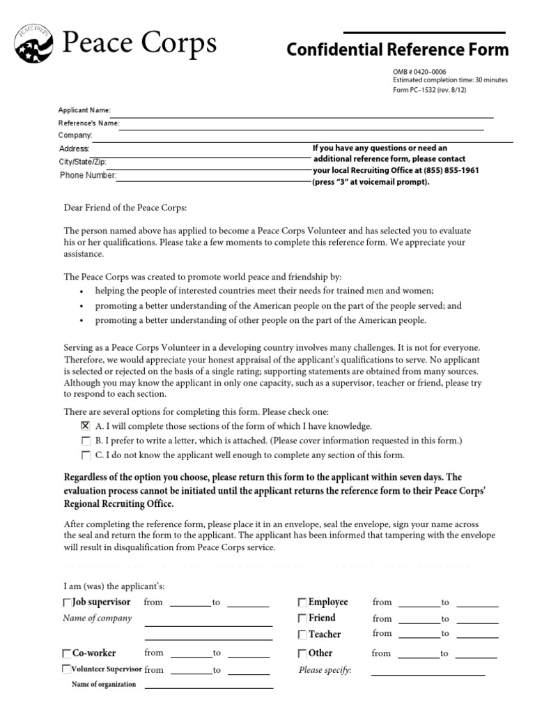 Peace Corps Worker Reference Form For Application | Peace Corps | Knowledge