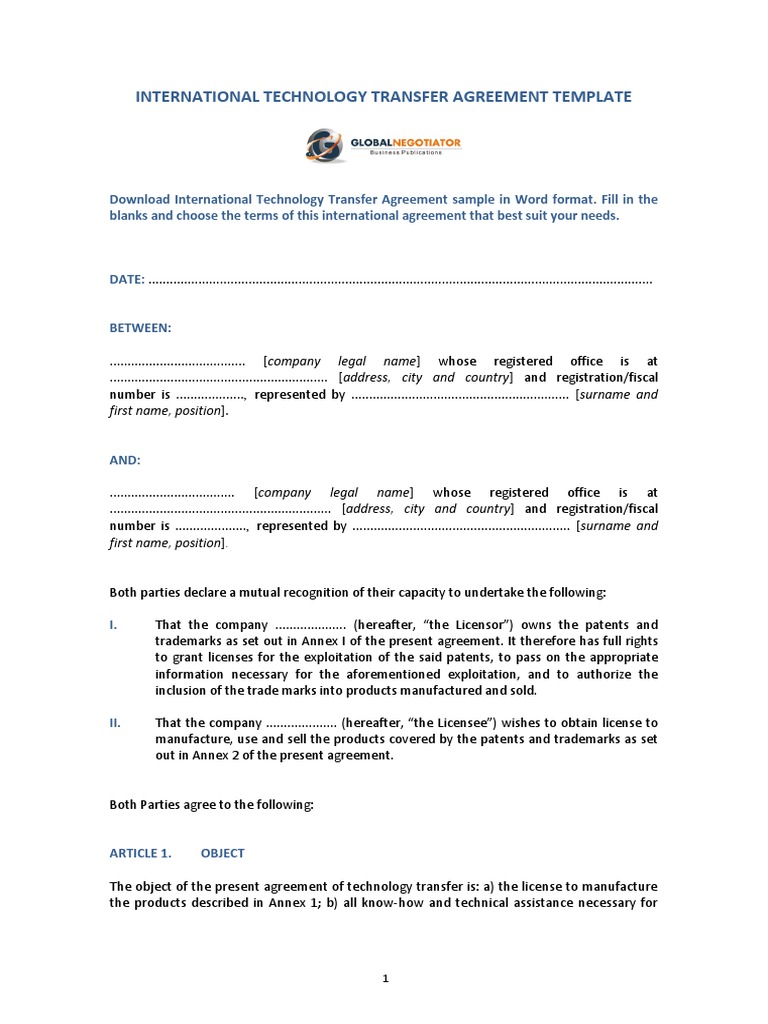 International Technology Transfer Agreement Template | PDF | License ...