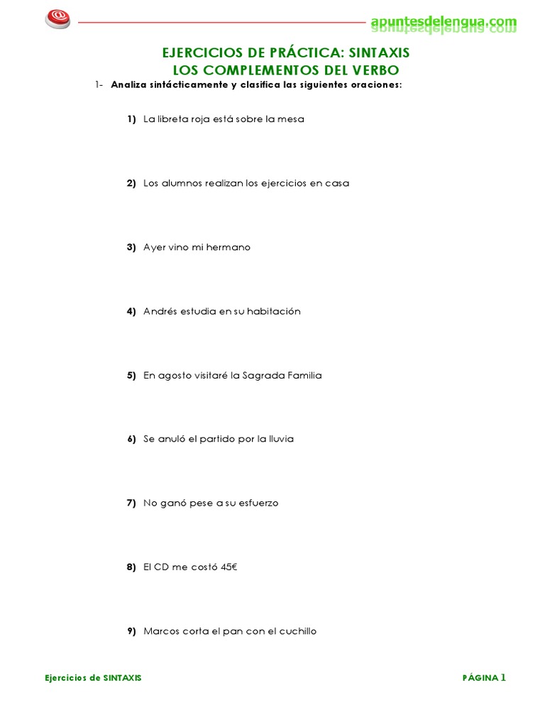 Fichas Ejercicios Sintaxis Complementos Del Verbo 01 | Oración ...