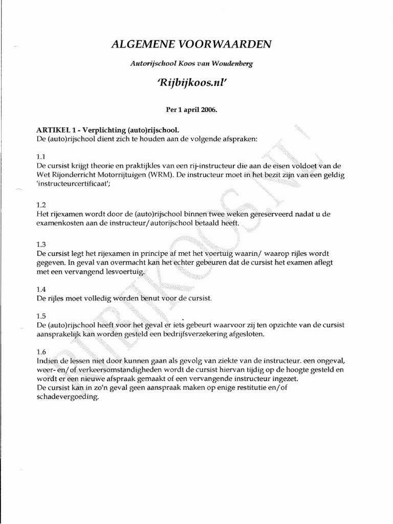 Algemene Voorwaarden Autorijschool Koos Van Woudenberg 'Rijbijkoos' | PDF