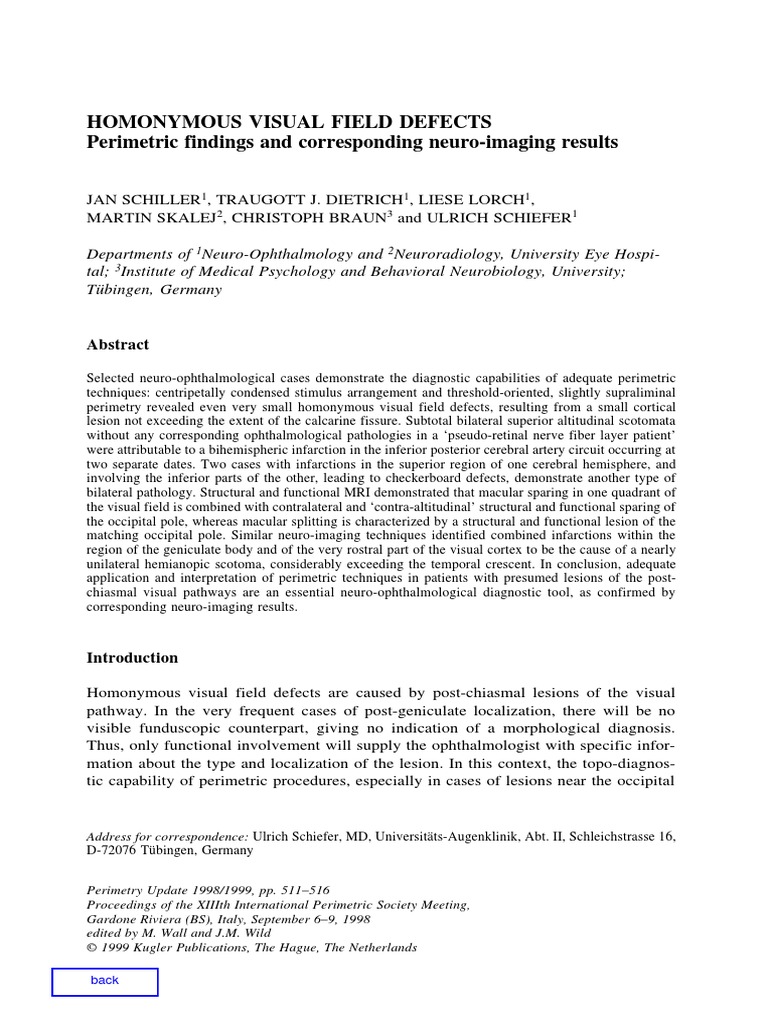 Homonymous Visual Field Defects Perimetric Findings and Corresponding ...