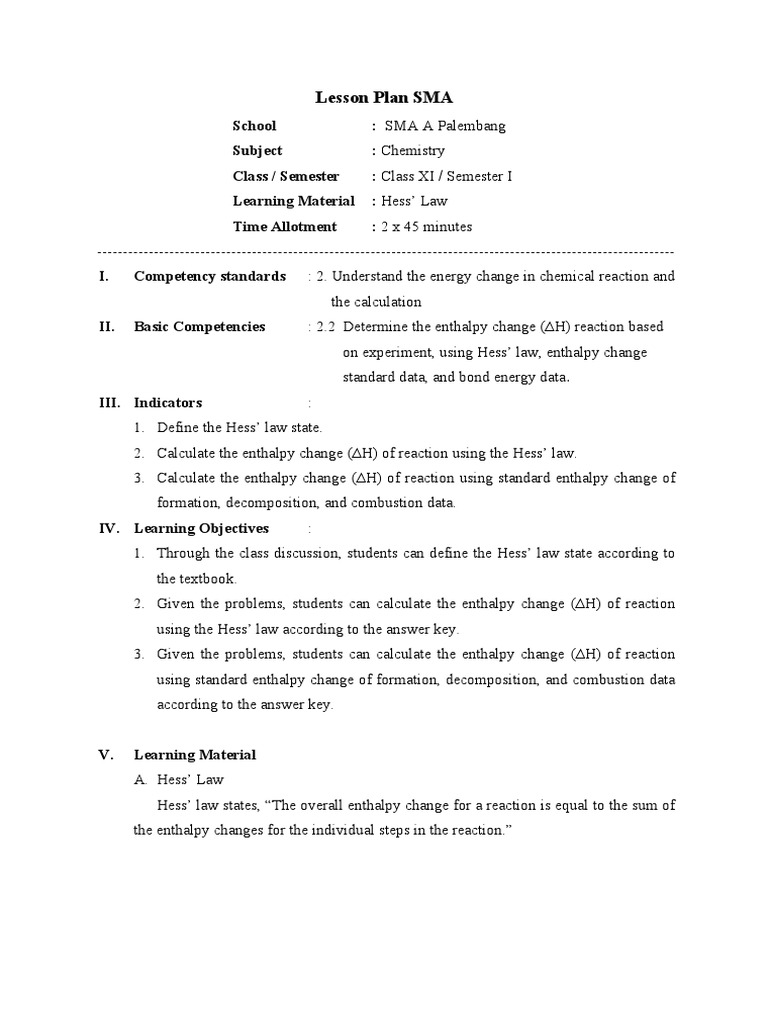 Lesson Plan Hess Law 90 - From MR - Tono | Download Free PDF | Enthalpy ...