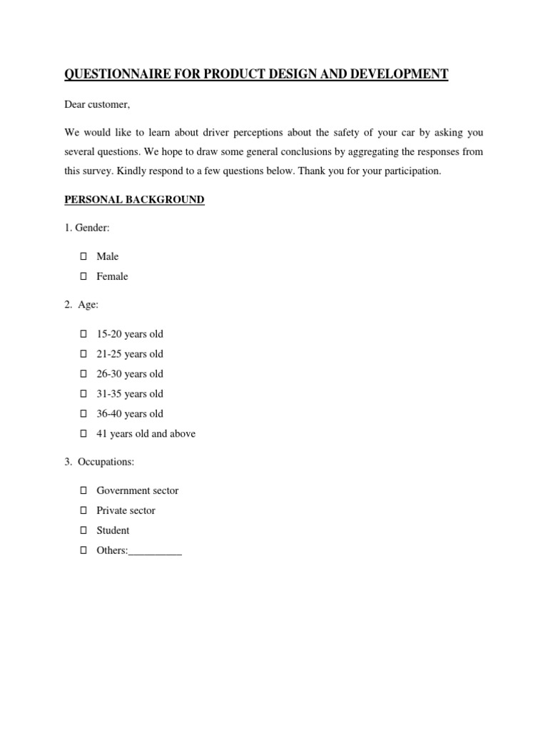 Questionnaire For Product Design and Development: Personal Background ...