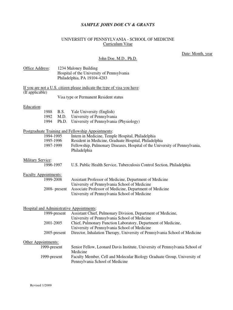 Penn John Doe CV | PDF | University Of Pennsylvania | Physician