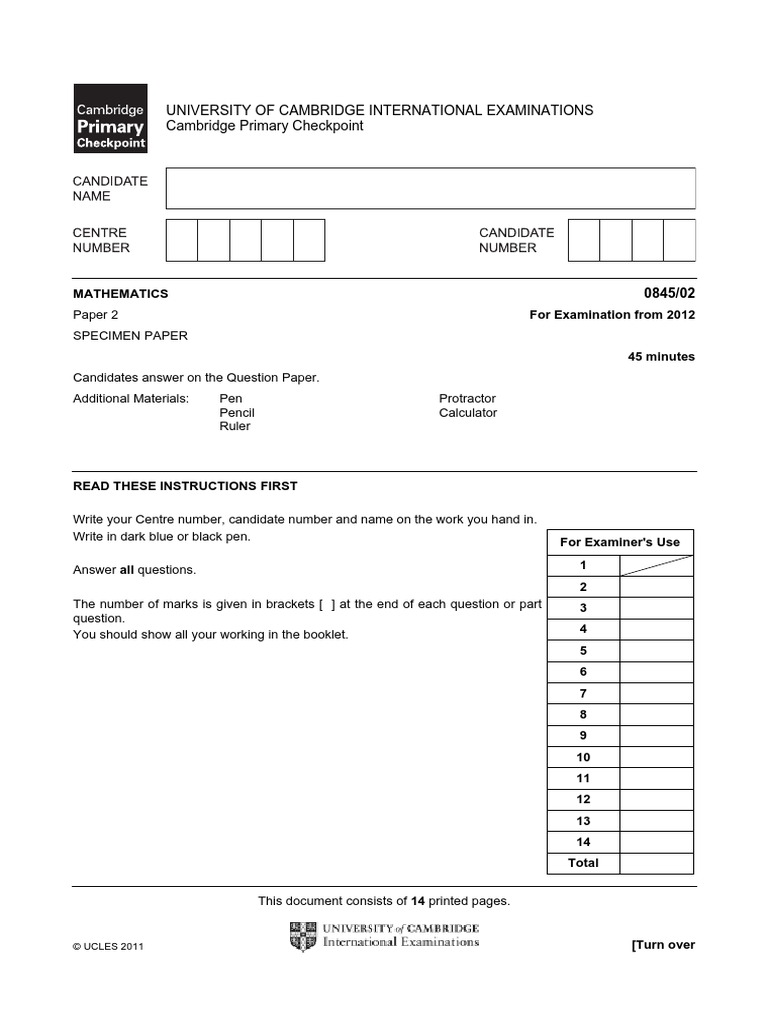 Cambridge Primary Checkpoint Maths P2 Specimen 2012 PDF | PDF