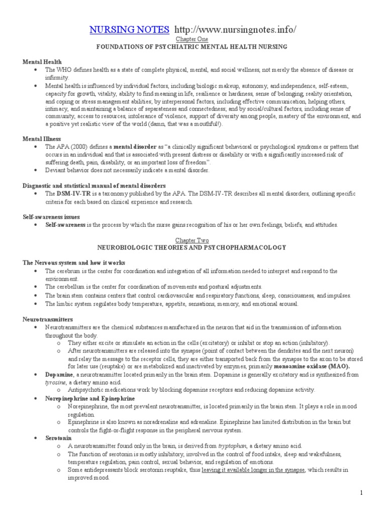 Psychiatric Nursing Notes | PDF | Neurotransmitter | Antipsychotic