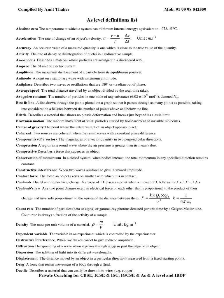 Physics A Level Definitions | PDF | Force | Electric Current