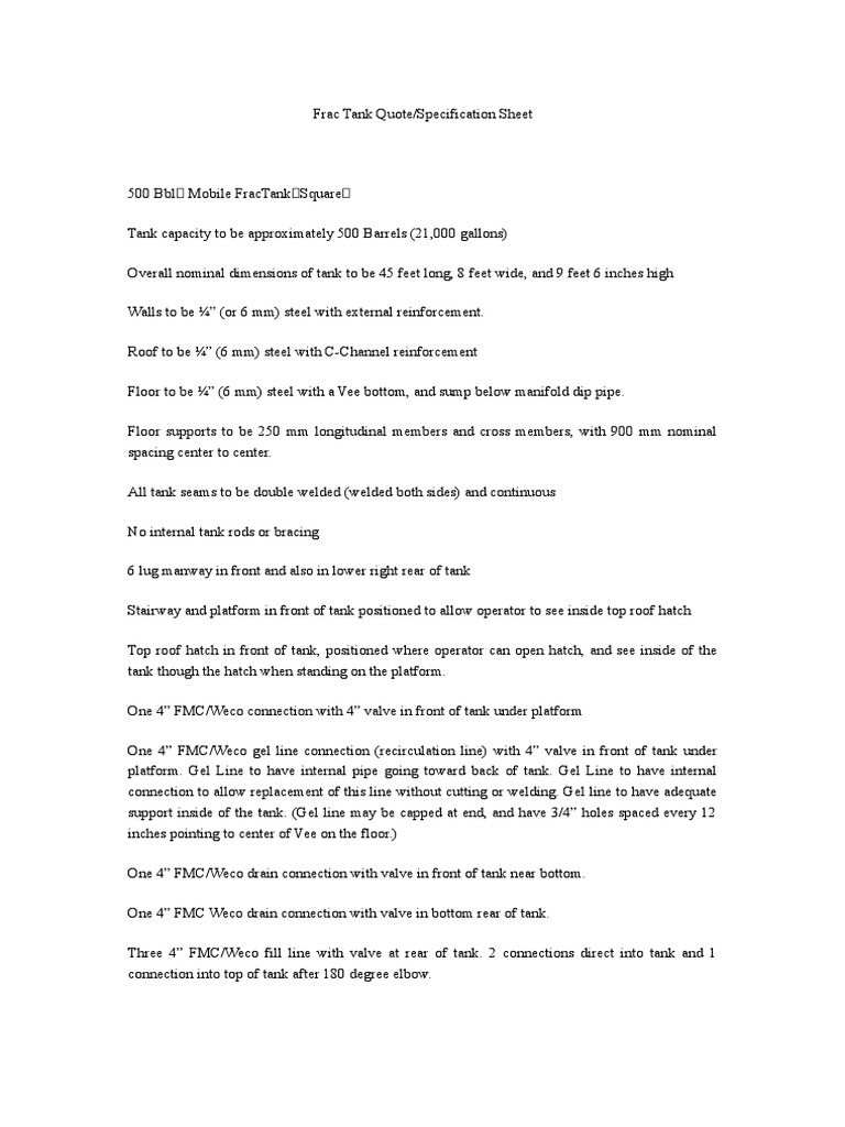 Frac Tank Sample Specification | PDF | Suspension (Vehicle) | Tire