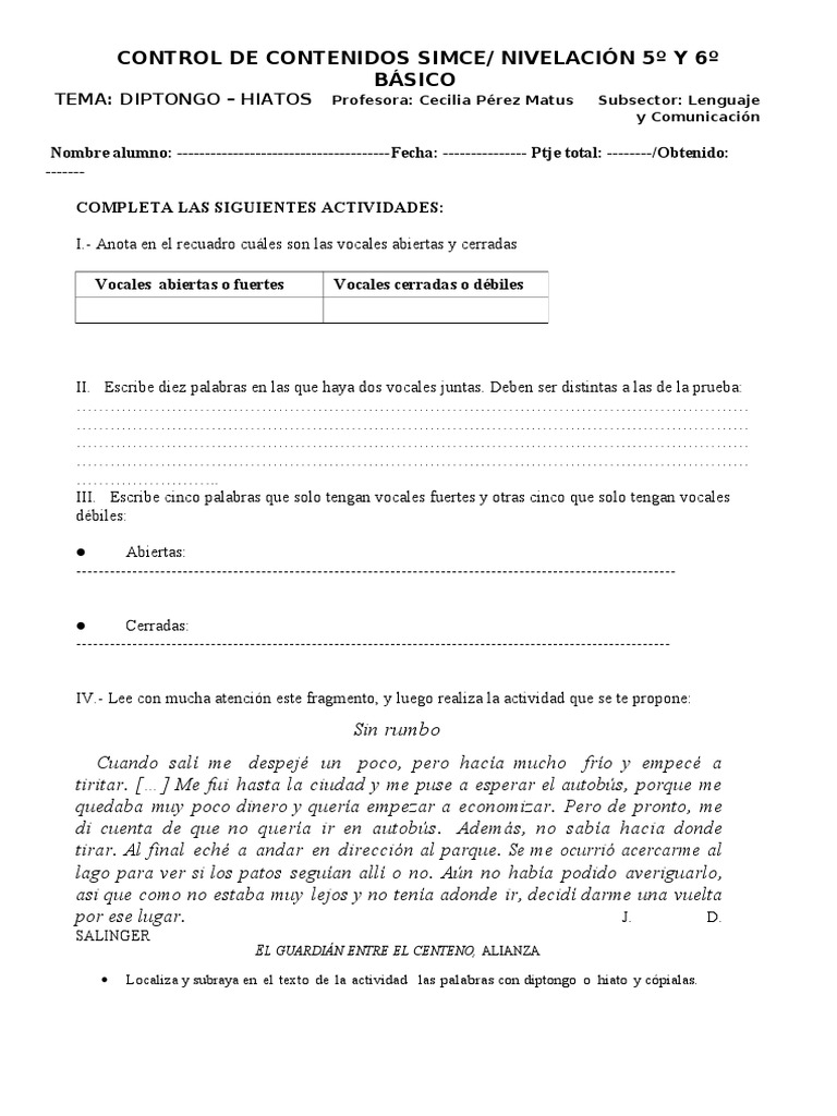 Prueba Hiato Diptongo 5 6 Basico | PDF | Filología | Artes del lenguaje ...