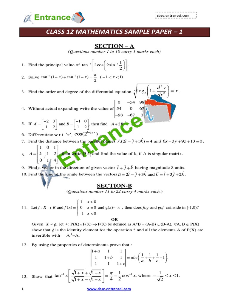Cbse 12 Maths Sample Paper 1 | PDF | Trigonometric Functions | Plane ...
