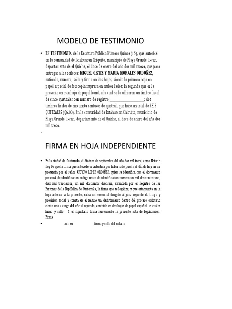 Ejemplo de Modelo de Testimonio Notarial | PDF
