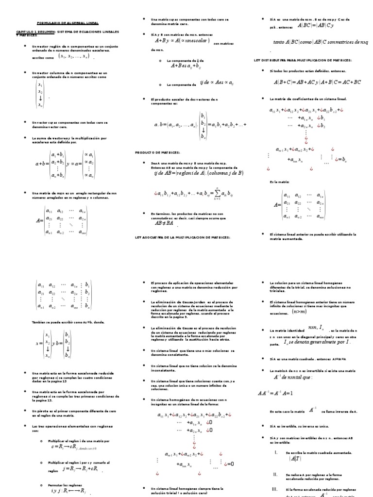 Formulario Resumen de Algebra Lineal | Espacio vectorial | Matriz ...