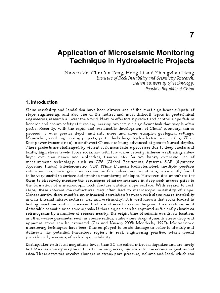 Intech Application Of Microseismic Monitoring Technique In Hydroelectric Projects Pdf