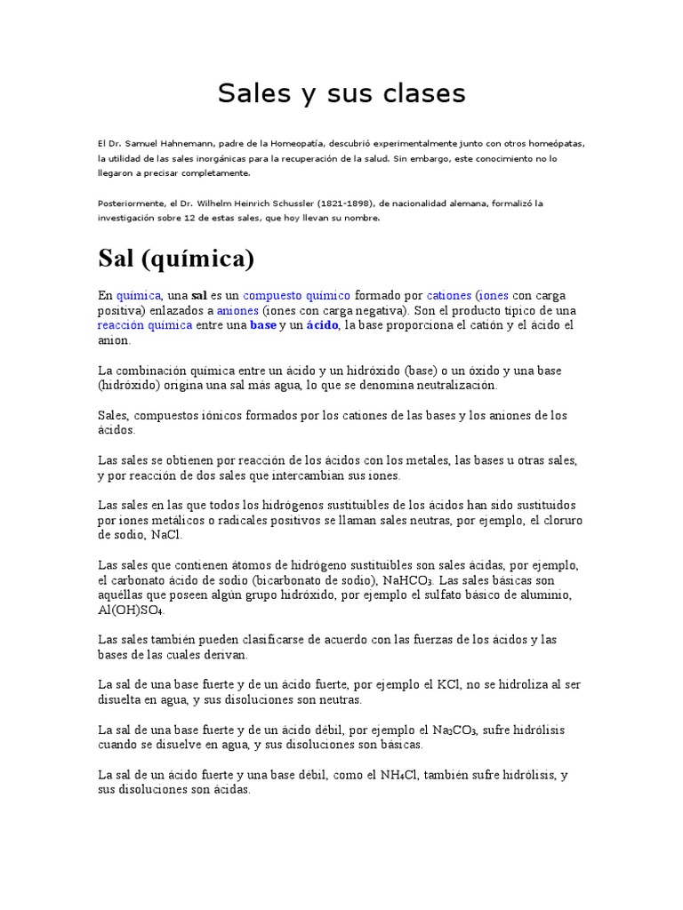 Sal (Química) : Sales y Sus Clases | PDF | Sal (química) | Elementos ...