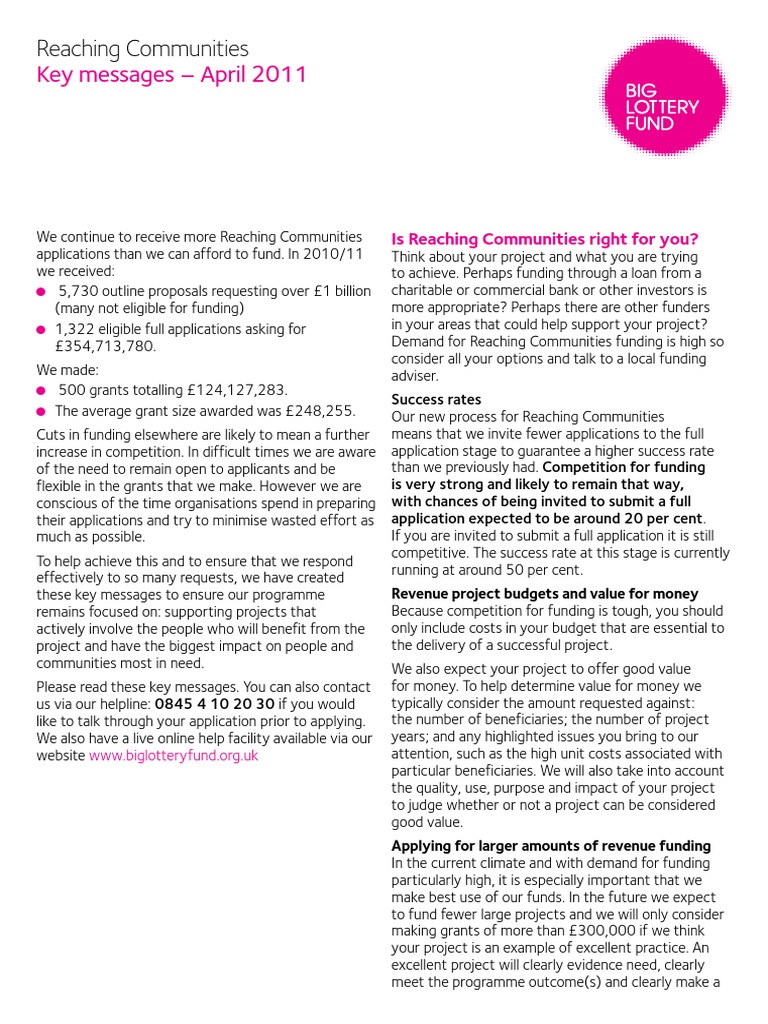 Reaching Communities Key Messages | PDF | Grant (Money) | Pound Sterling