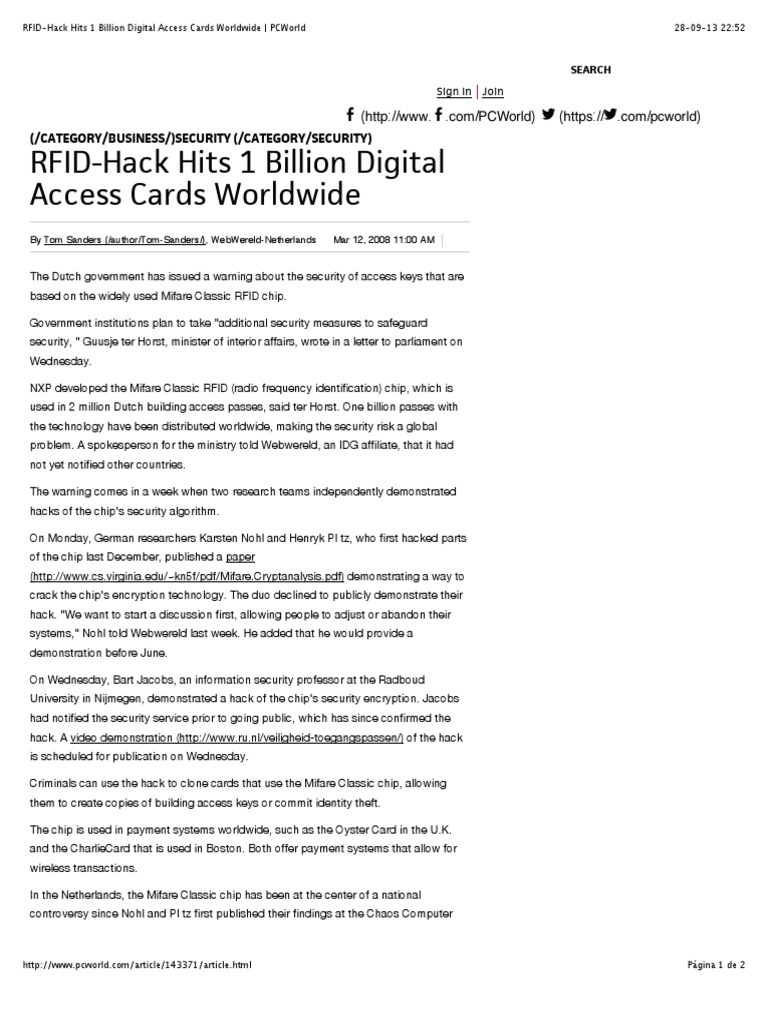 RFID-Hack Hits 1 Billion Digital Access Cards Worldwide: (/Category ...