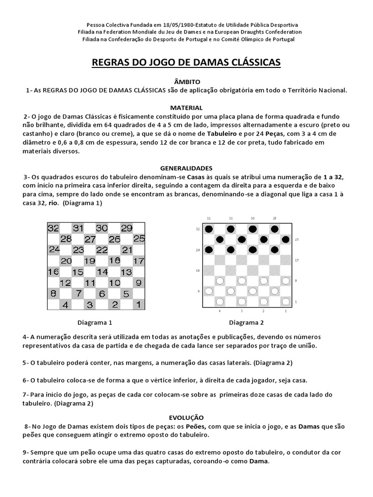 Jogo Das Damas Regras | PDF | Jogos de estratégia abstratos | Jogos de tabuleiro tradicionais
