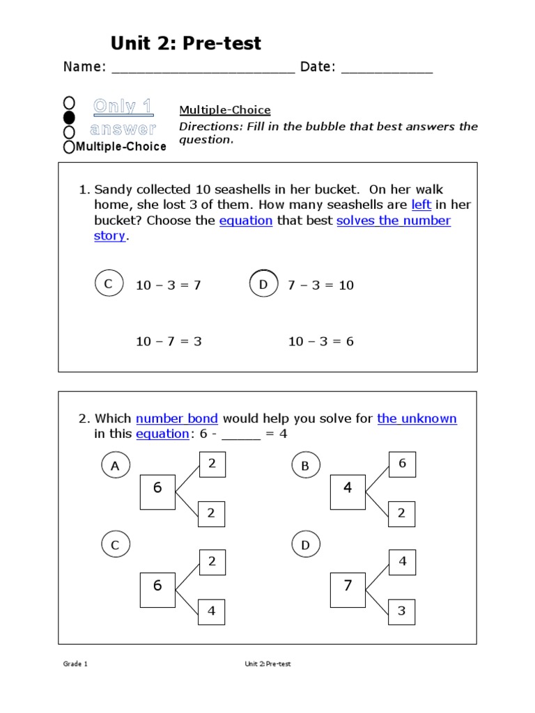 Grade 1 Unit 2 Math Pre-test | PDF