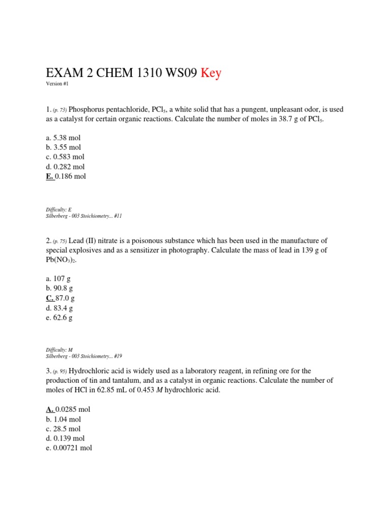 Stoichiometry Exam 2 Solutions | PDF | Stoichiometry | Chlorine