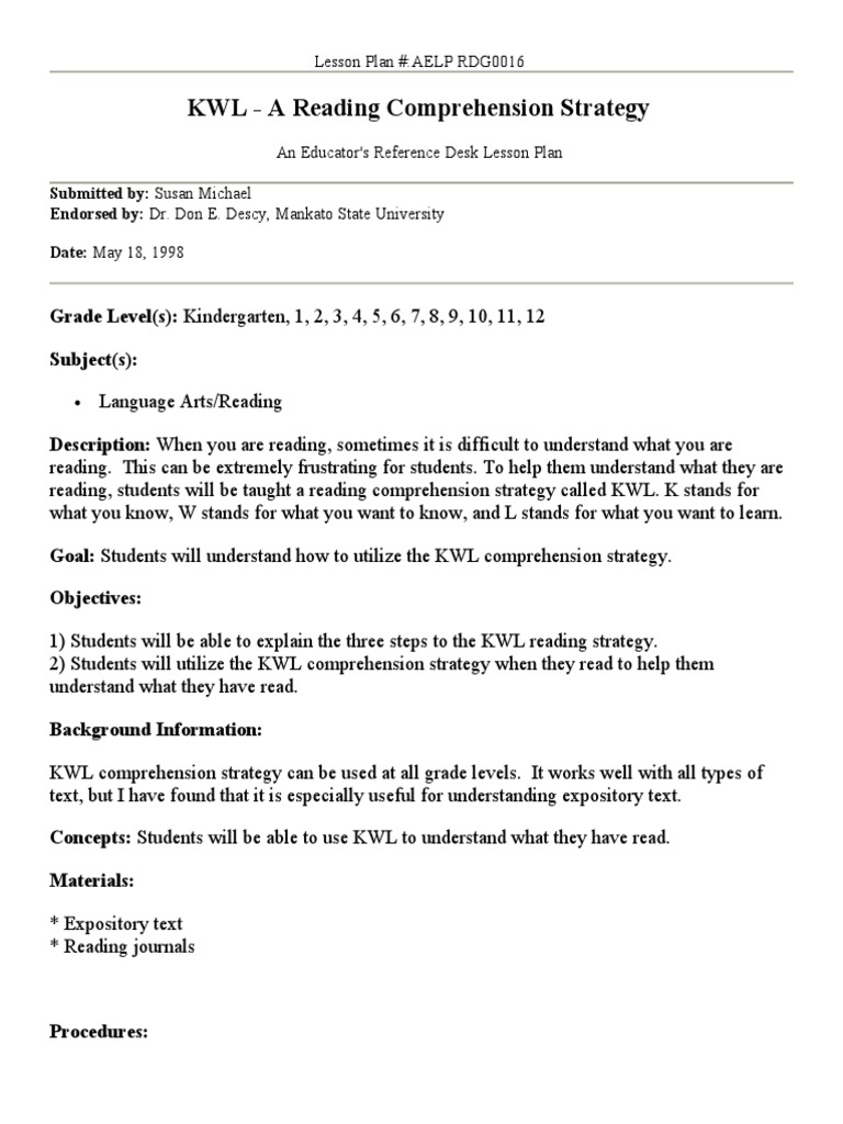 KWL Strategy for Reading Comprehension | PDF | Career & Growth ...