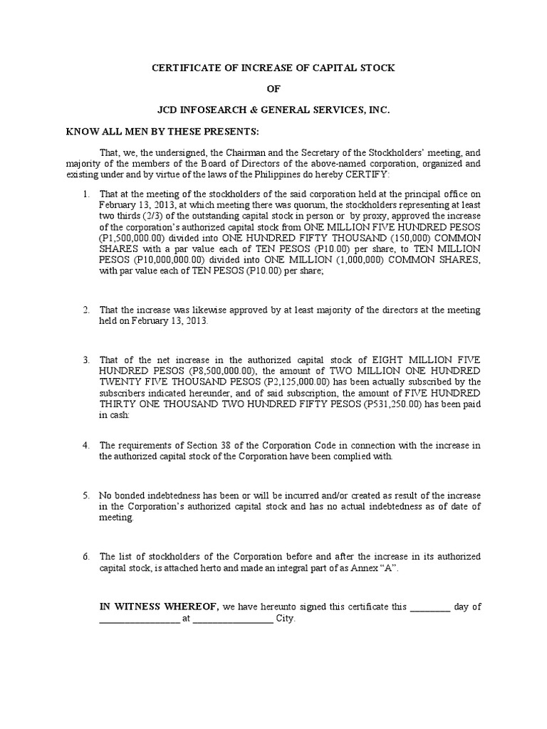 JCD Infosearch Capital Increase Certificate | PDF | Stocks | Board Of ...