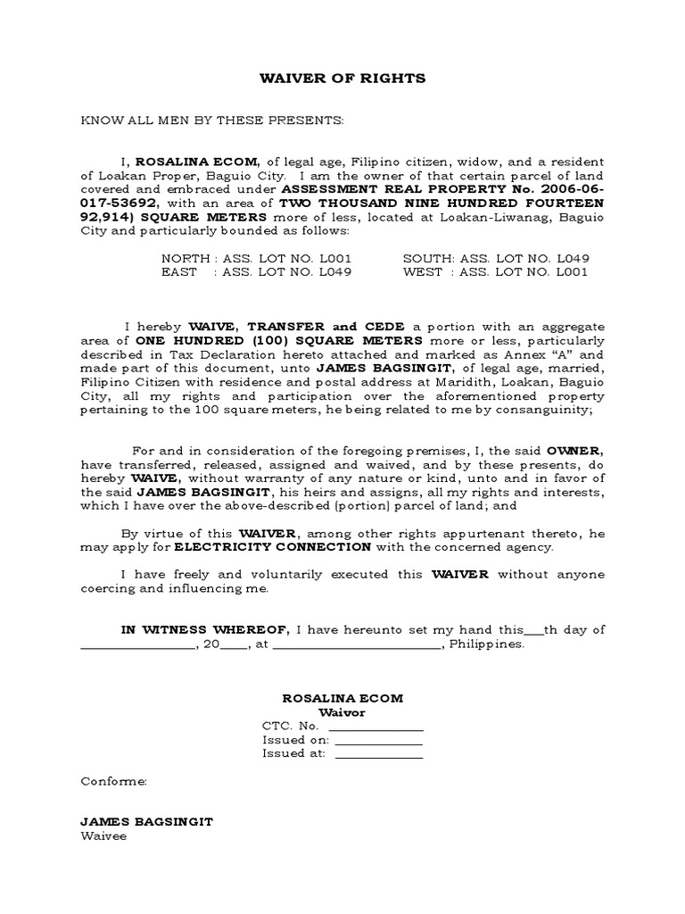 Waiver of Rights: I Hereby WAIVE, TRANSFER and CEDE A Portion With An ...