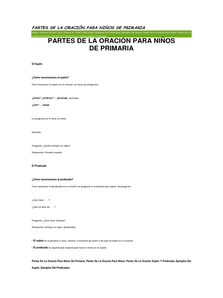 Partes de La Oración para Niños de Primaria | PDF | Asunto (gramática ...