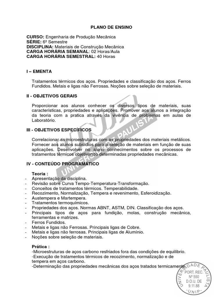 Plano de Ensino - Materiais de Constr Mecanica PDF | PDF | Ferro fundido | Liga