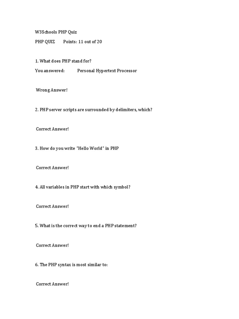 W3Schools PHP Quiz | PDF | Php | Computer Programming W3Schools PHP Quiz | PDF | Php | Computer Programming