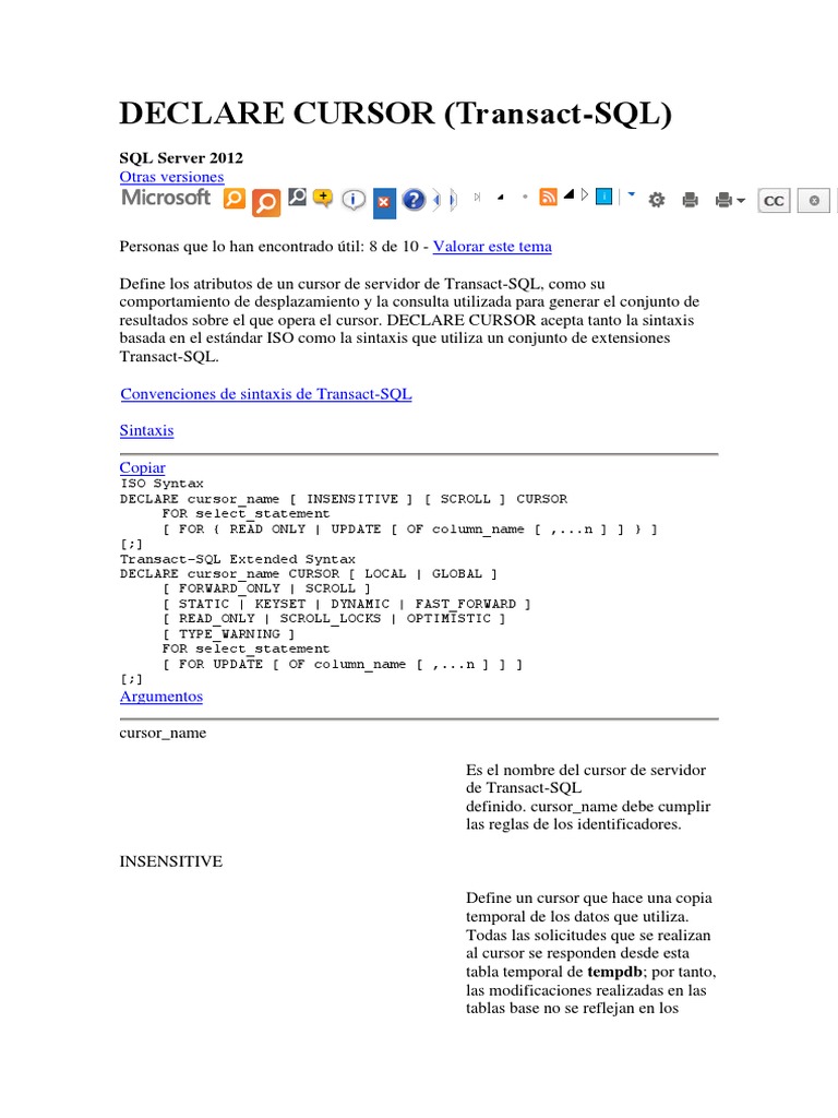 Declare Cursor | PDF | Servidor SQL de Microsoft | Tabla (base de datos)