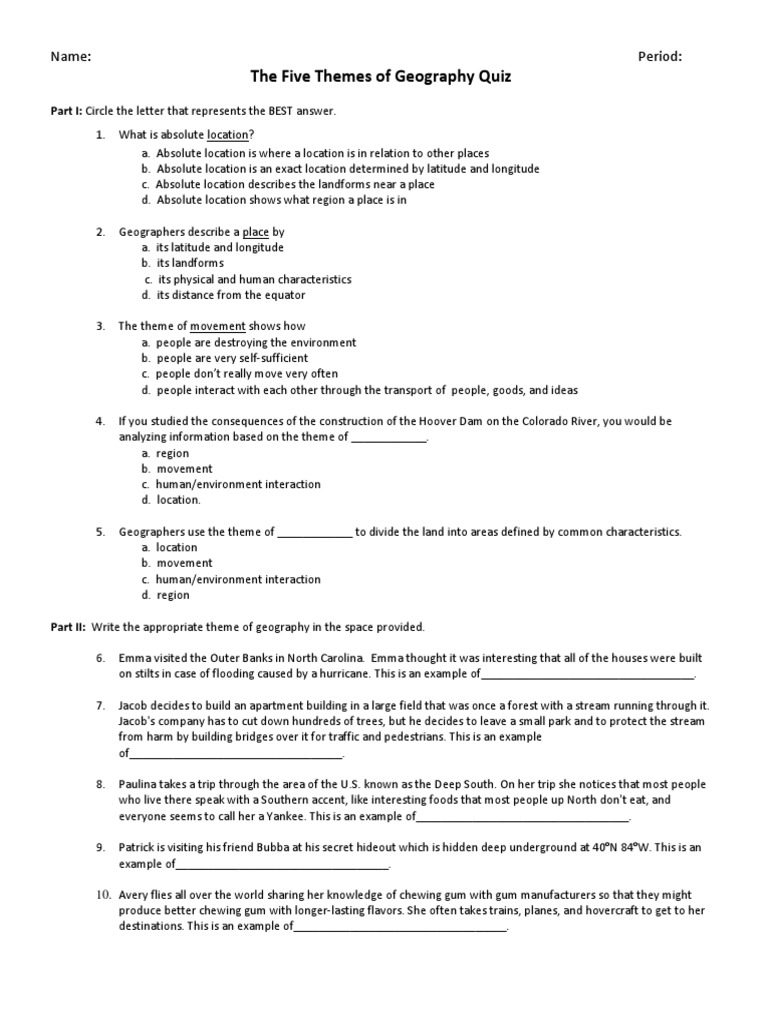 Geography Five Themes Quiz | PDF | Geography | Earth Sciences