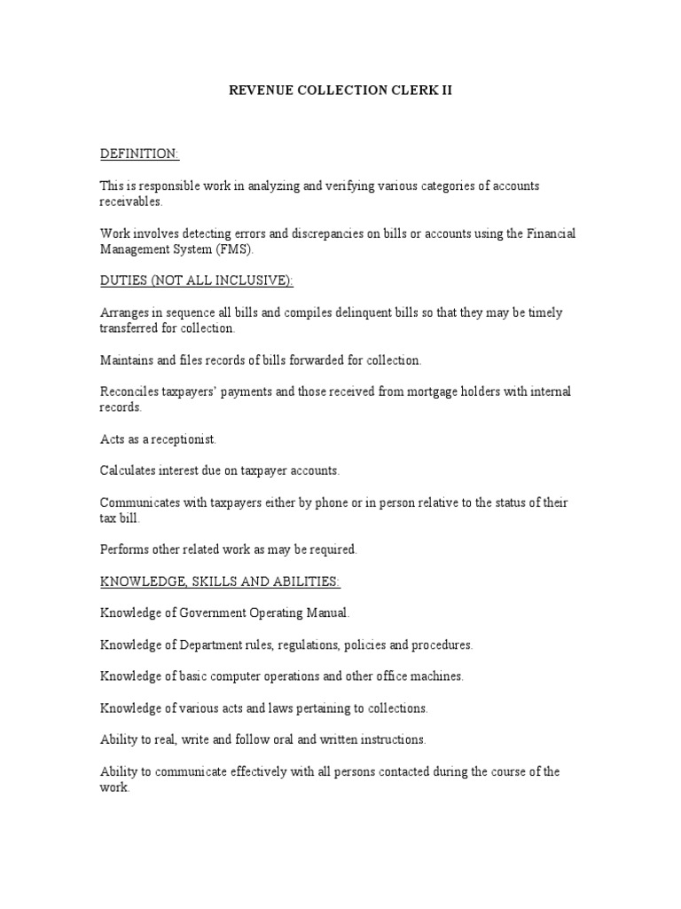Revenue Collection Clerk II Overview | PDF | Finance & Money Management