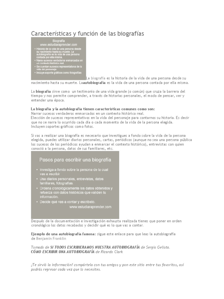 Características y Función de Las Biografías | PDF | Autobiografías ...