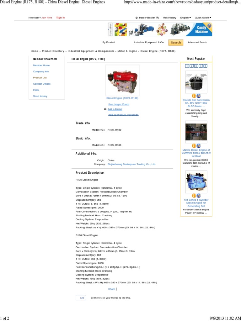 Diesel Engine (R175, R180) - China Diesel Engine, Diesel Engines | PDF ...