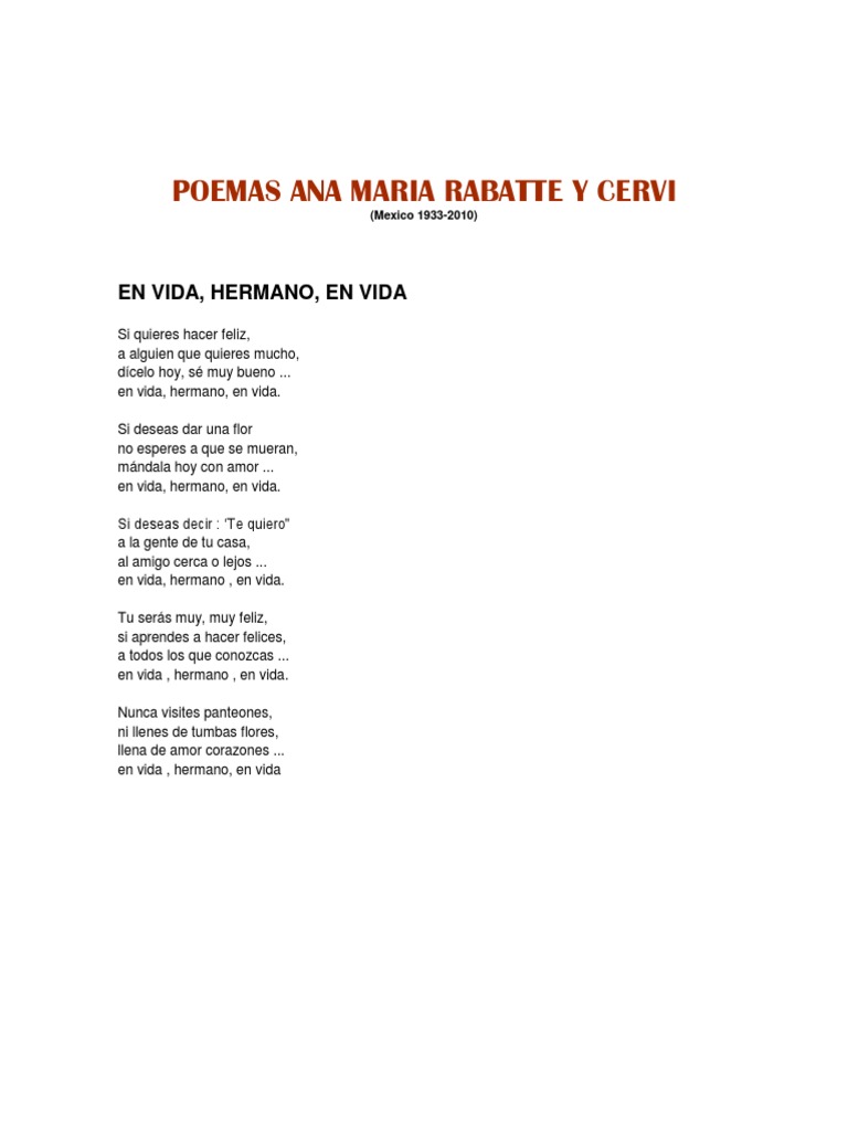 Poemas de Ana María Rabatte y Cervi: En vida, hermano, en vida | PDF