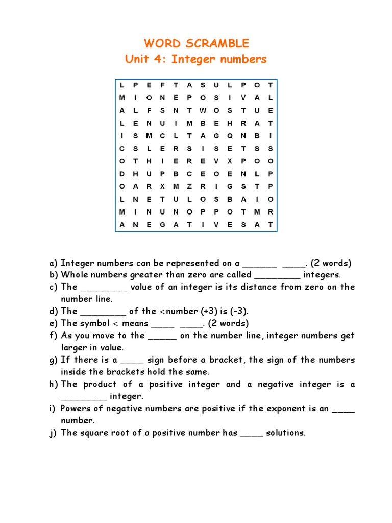 Unit 2 - Word Scramble (Integers) | PDF