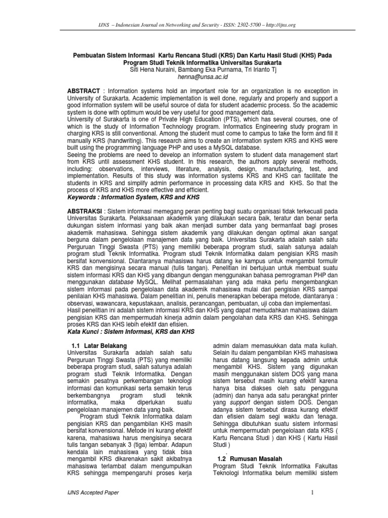 Pembuatan Sistem Informasi Kartu Rencana Studi (KRS) Dan Kartu Hasil Studi (KHS) Pada TI Un ...