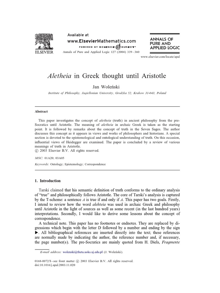 Aletheia in Greek Thought Until Aristotle | PDF | Truth | Plato