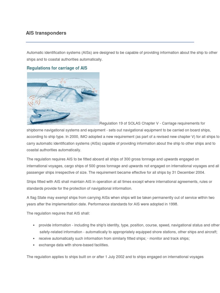 AIS Transponders: Regulations For Carriage of AIS | PDF | Ships | Water ...