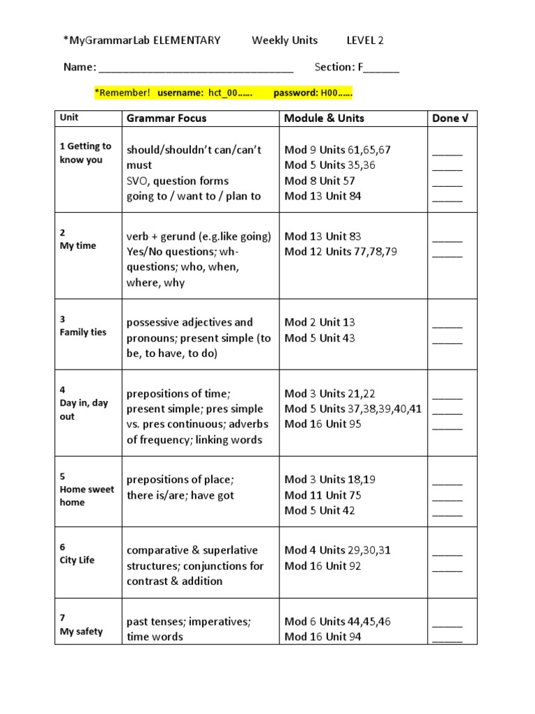 My Grammar Lab Weekly Units | PDF