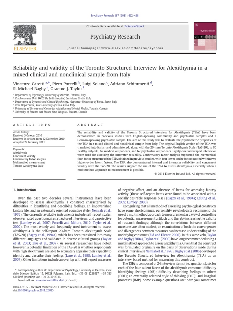 Reliability and Validity of The Toronto Structured Interview For ...