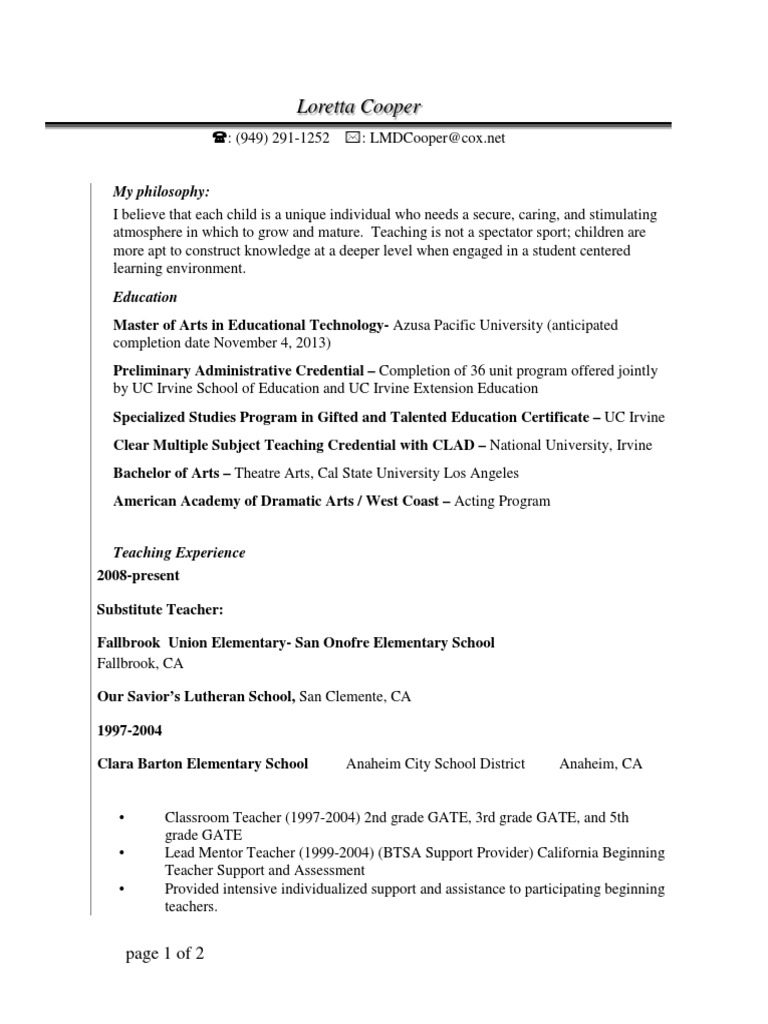 Resume For Eportfolio | PDF | Schools | California