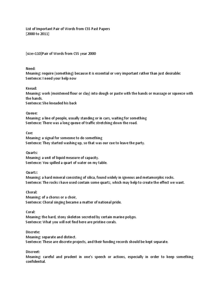 List of Important Pair of Words From CSS Past Papers | PDF | Defamation ...