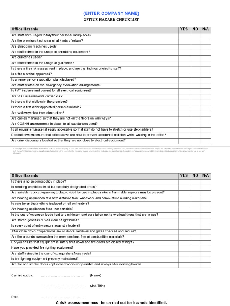 Office Hazard Checklist | Firefighting | First Aid