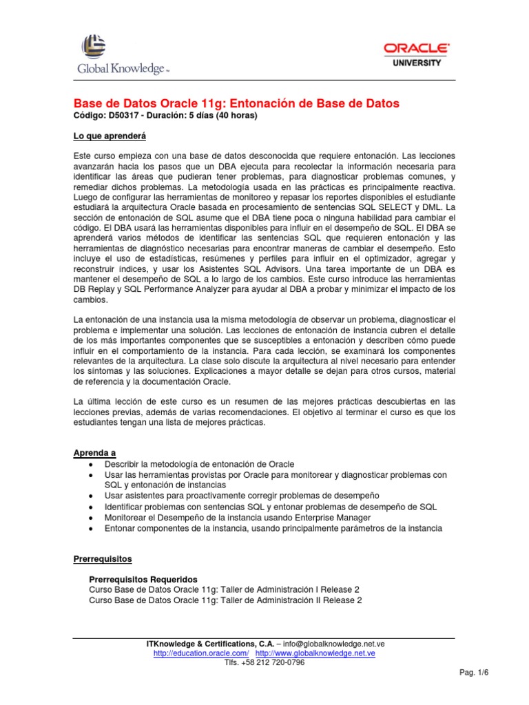 Base de Datos Oracle 11g-Entonacion de Base de Datos (D50317) | PDF | Base de datos Oracle | SQL