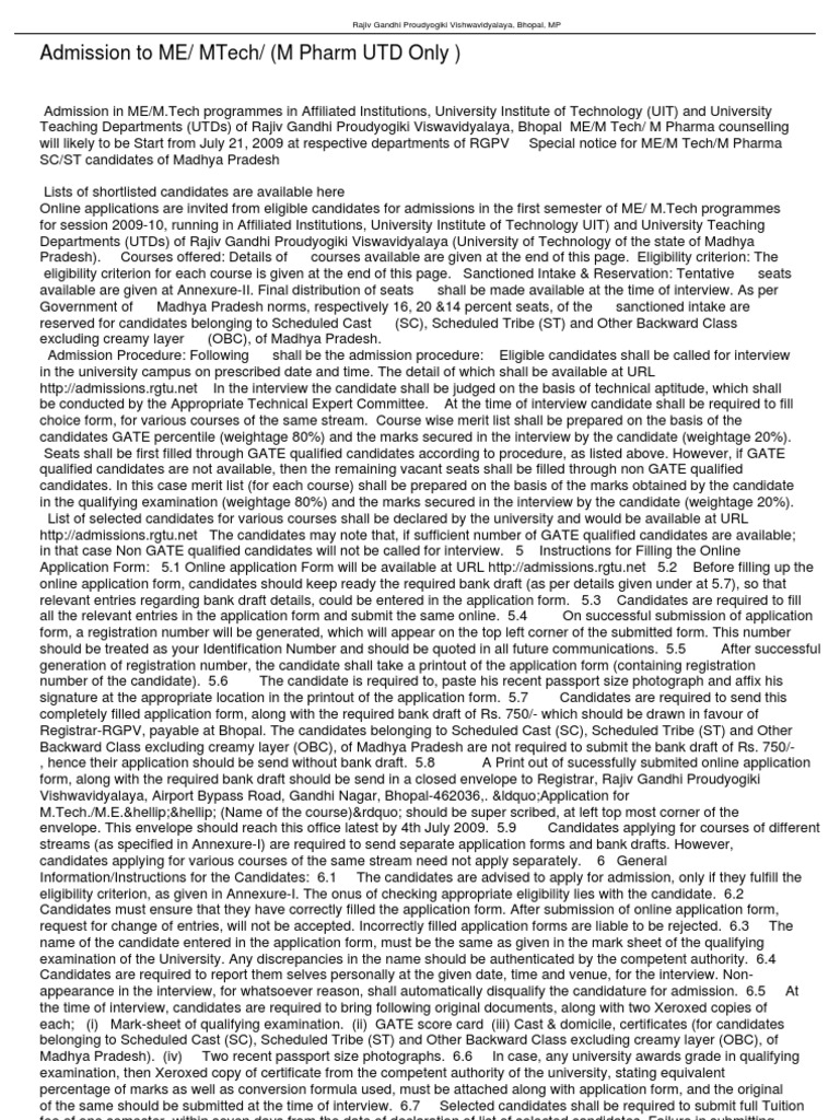 RGPV ME/MTech/MPharm Admission 2009 | PDF | Engineering | Electrical Engineering