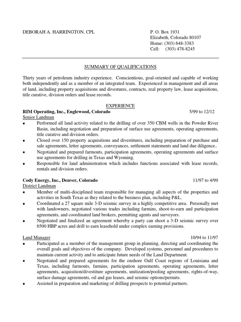 Lease Records Analyst Landman in Denver CO Resume Deborah Harrington ...
